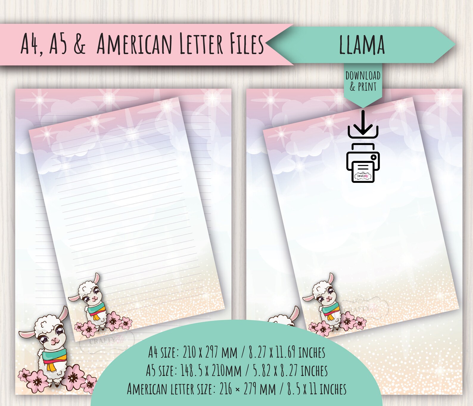 PRINTABLE Letter Writing Notepaper, Llama Alpaca, Digital Letter ...