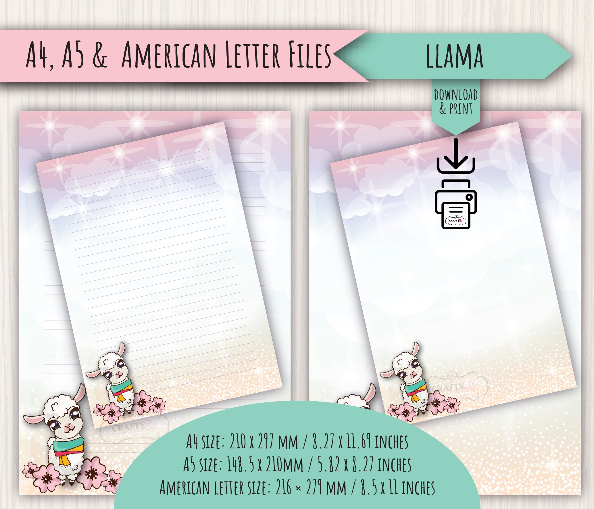 PRINTABLE Letter Writing Notepaper, Llama Alpaca, Digital Letter ...
