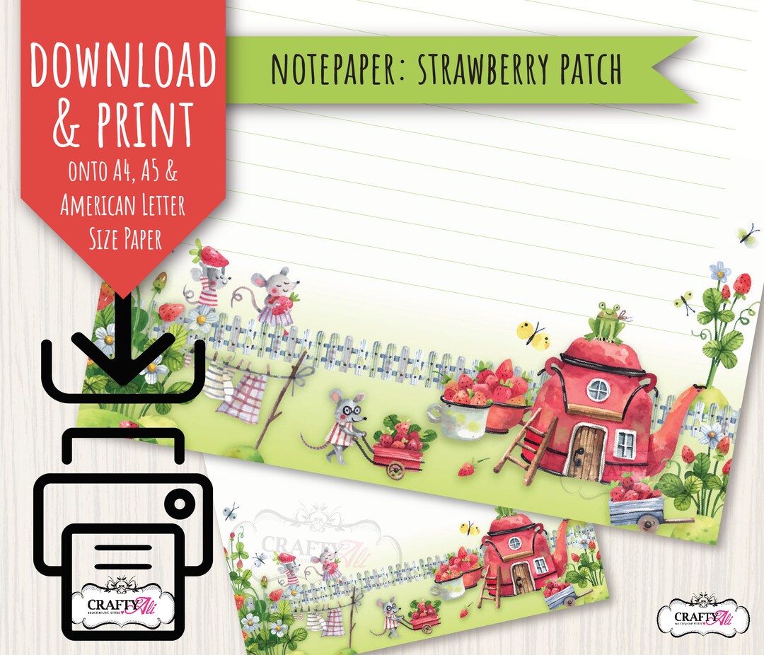 PRINTABLE Letter Writing Notepaper, Mouse Strawberry Patch, Digital ...
