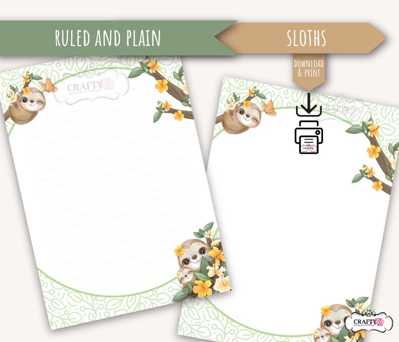 PRINTABLE Letter Writing Paper, Cute Sloths, Digital Letter Writing ...
