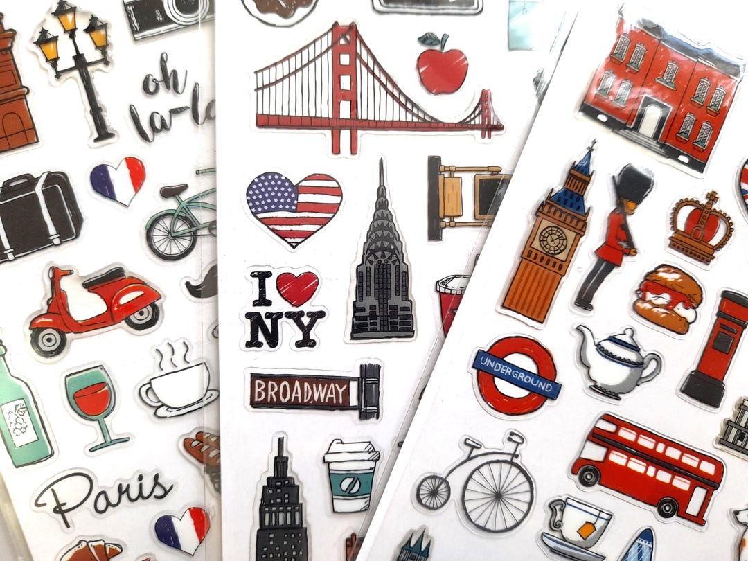 City Themed Stickers, London Paris and New York Sticker Set, Vacation ...