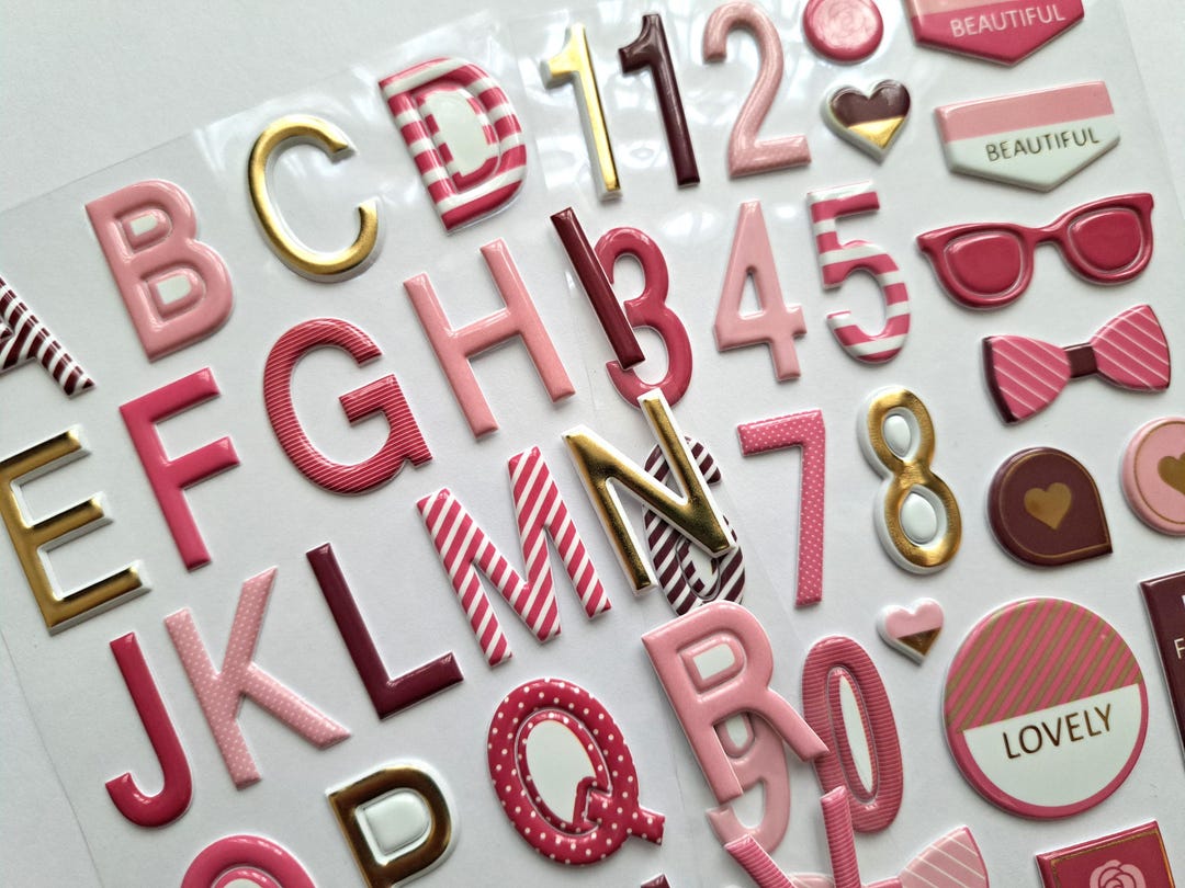 Puffy Alphabet & Number Stickers, Pink, White and Gold Stickers, Card ...