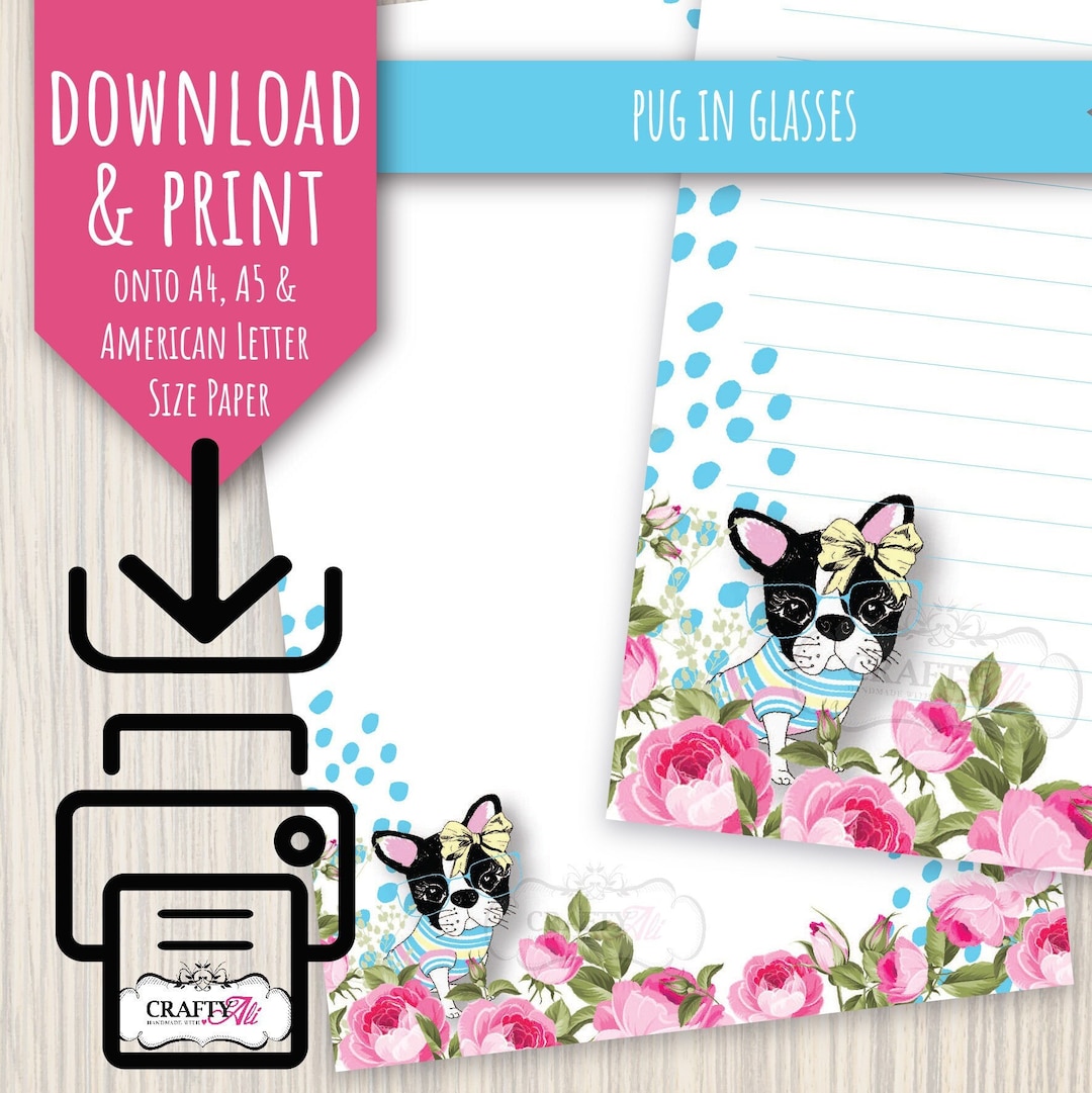 PRINTABLE Letter Writing Paper, Pug in Glasses, Digital Letter Writing ...