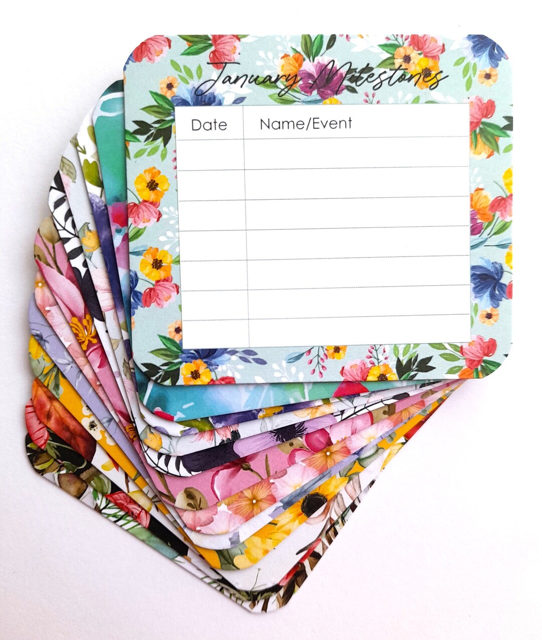 Mini Milestone Reminder Cards, Planner Overlays Set of 12 Floral Design ...