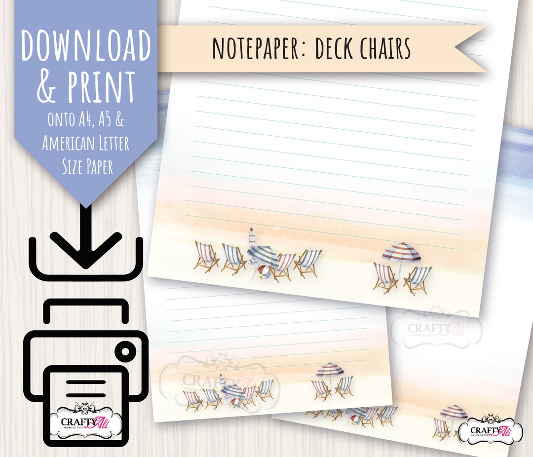 PRINTABLE Letter Writing Notepaper, Deckchairs on the Beach, Digital ...