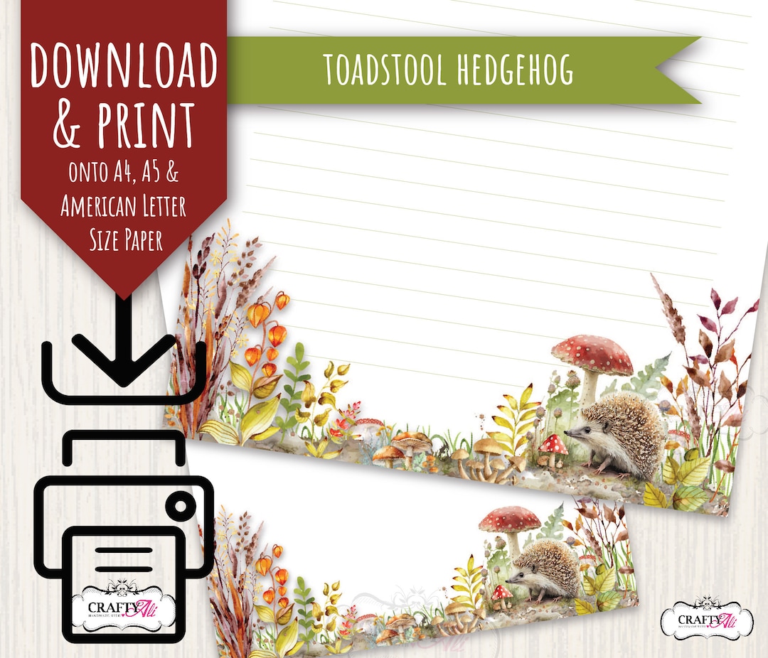 PRINTABLE Letter Writing Paper, Toadstool Hedgehog, Digital Letter ...