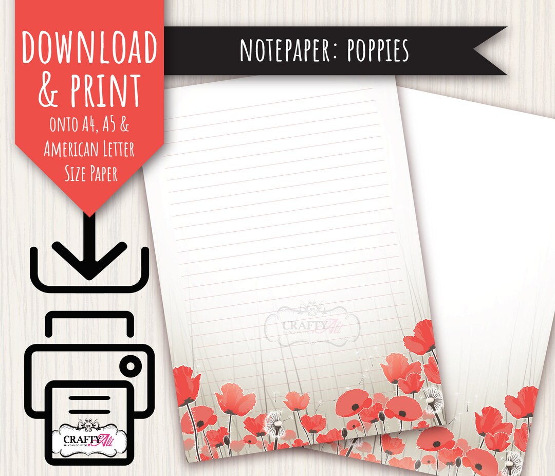PRINTABLE Letter Writing Notepaper, Poppies, Digital Letter Writing ...