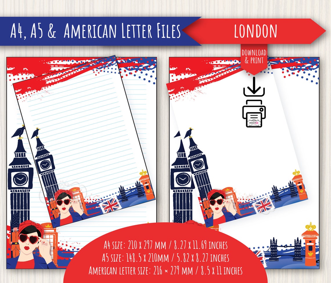 PRINTABLE Letter Writing Notepaper, London UK, Digital Letter Writing ...