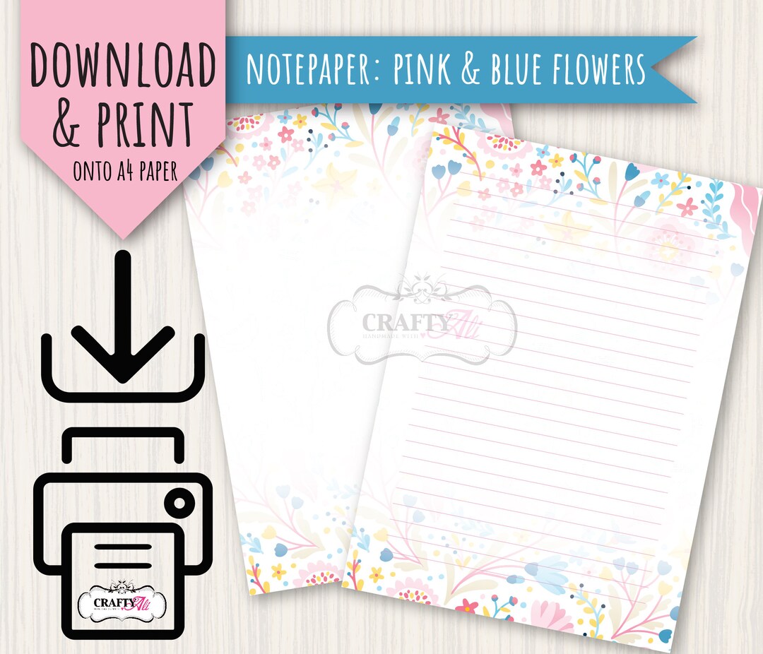PRINTABLE Letter Writing Notepaper, Pink & Blue Flowers Theme, Digital ...
