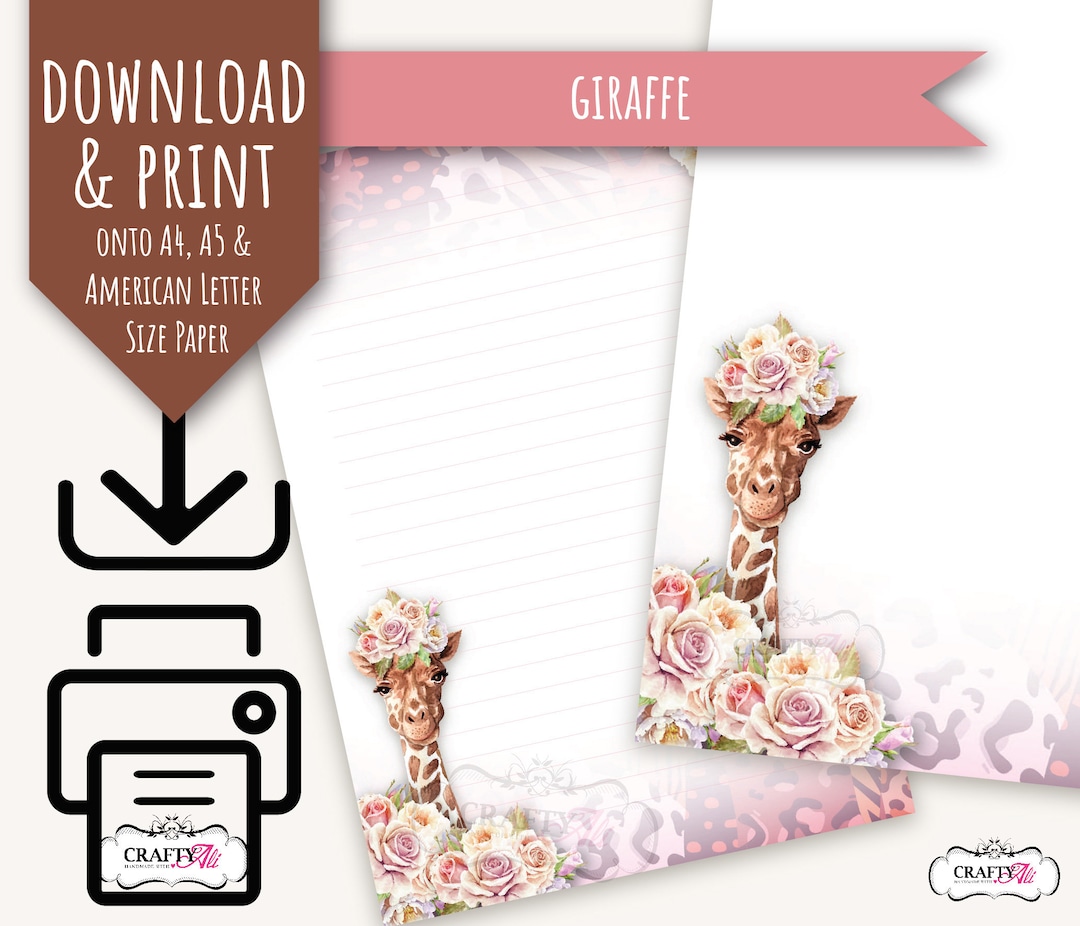 PRINTABLE Letter Writing Paper, Giraffe, Digital Letter Writing Paper ...