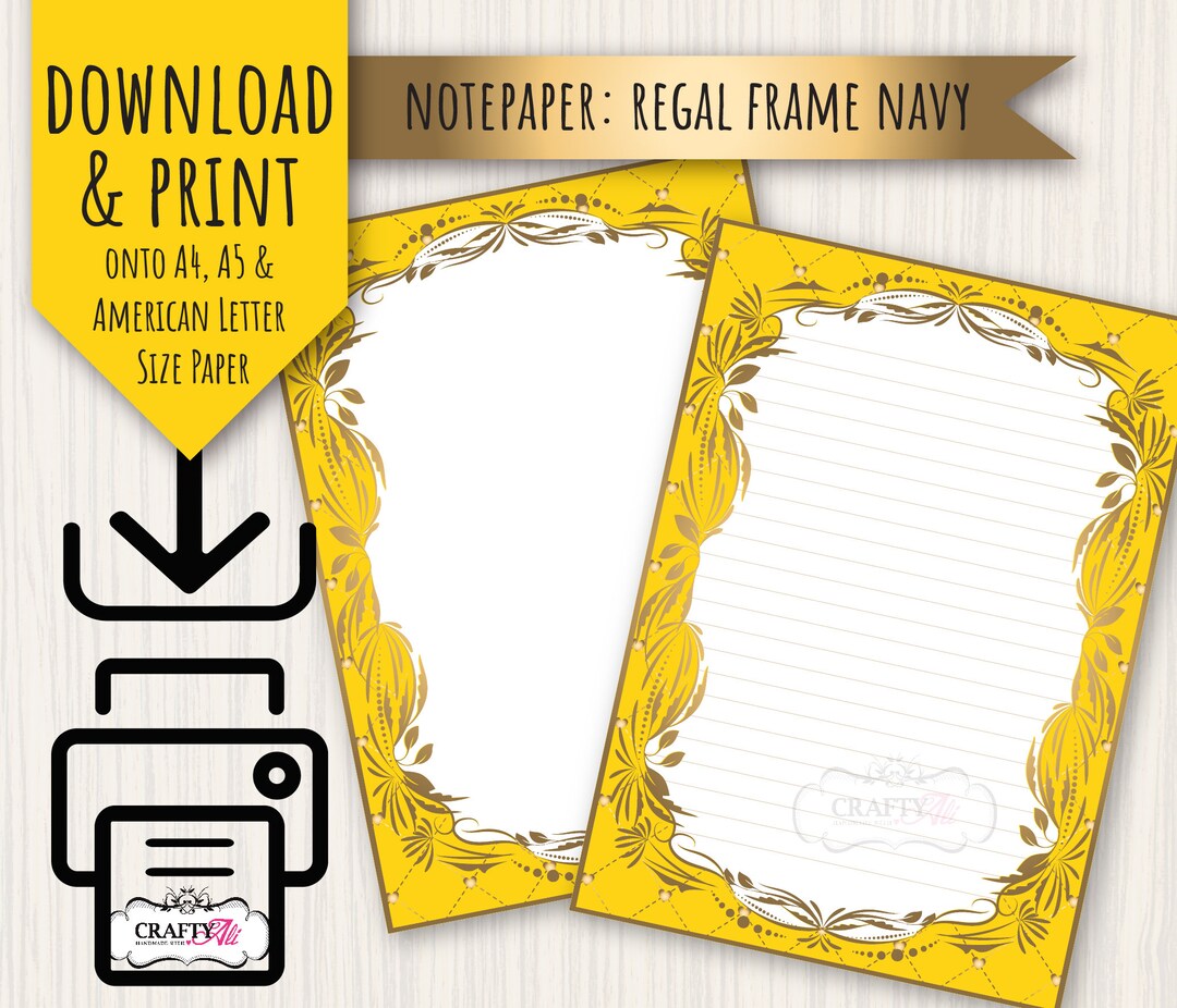 PRINTABLE Letter Writing Notepaper, Regal Frame - Yellow, Digital ...