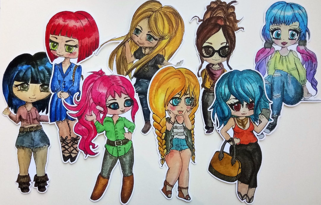 Chibi Girl Caricature Die Cuts Ephemera - Full Set of 8 Die Cuts- Anime ...