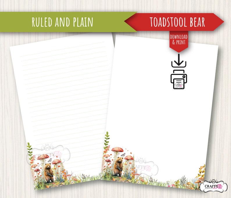 PRINTABLE Letter Writing Notepaper, Toadstool Bear, Digital Letter ...