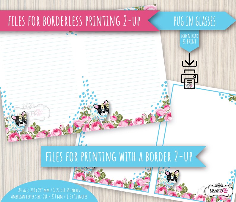 PRINTABLE Letter Writing Paper, Pug in Glasses, Digital Letter Writing ...