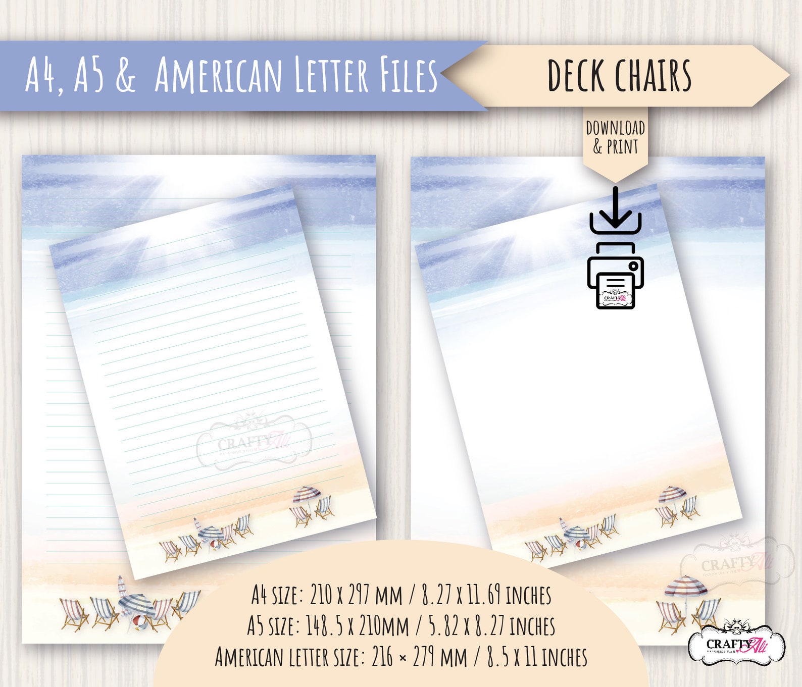 PRINTABLE Letter Writing Notepaper, Deckchairs on the Beach, Digital ...