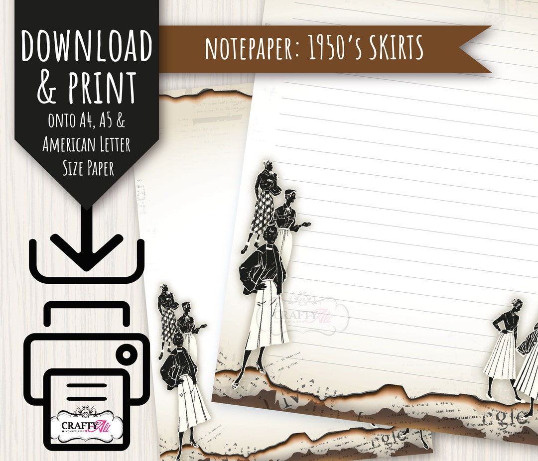 PRINTABLE Letter Writing Notepaper, 1950's Skirts Fashion Model Advert ...