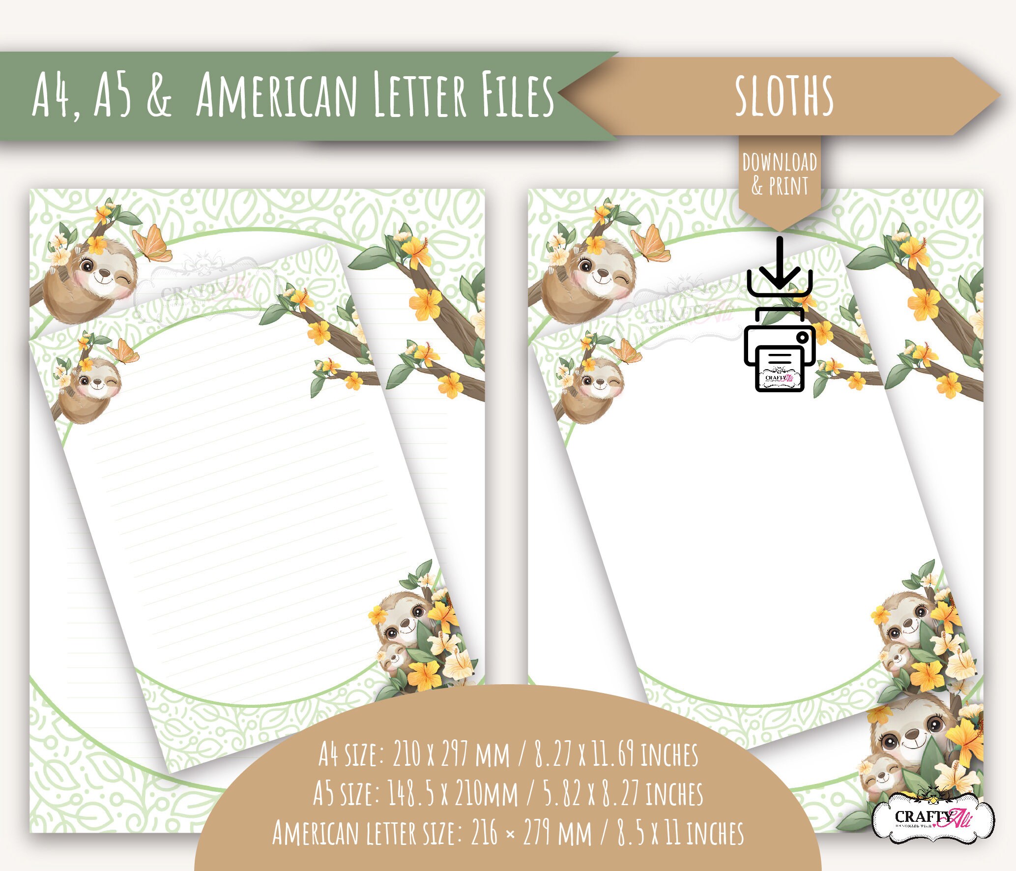 PRINTABLE Letter Writing Paper, Cute Sloths, Digital Letter Writing ...