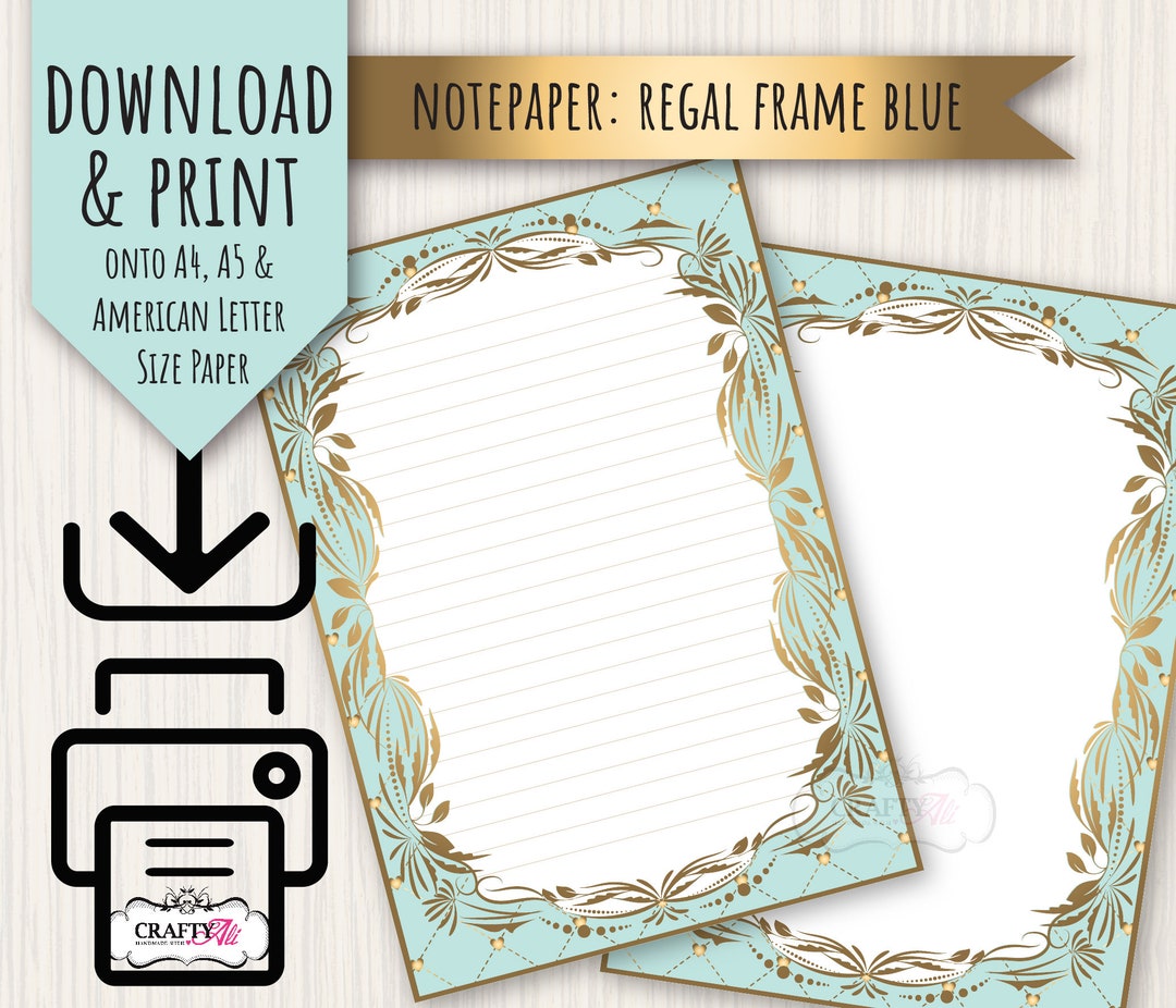 PRINTABLE Letter Writing Notepaper, Regal Frame - Blue, Digital Letter ...