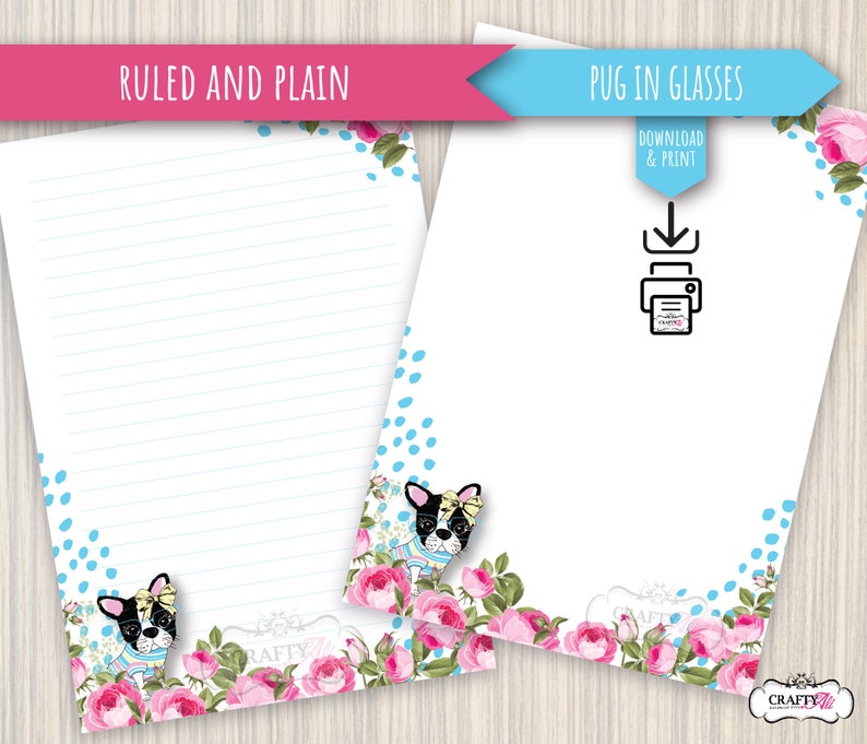 PRINTABLE Letter Writing Paper, Pug in Glasses, Digital Letter Writing ...