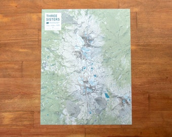 South Sister Map Art Print Three Sisters Topo Map Gift, Oregon Cascades ...