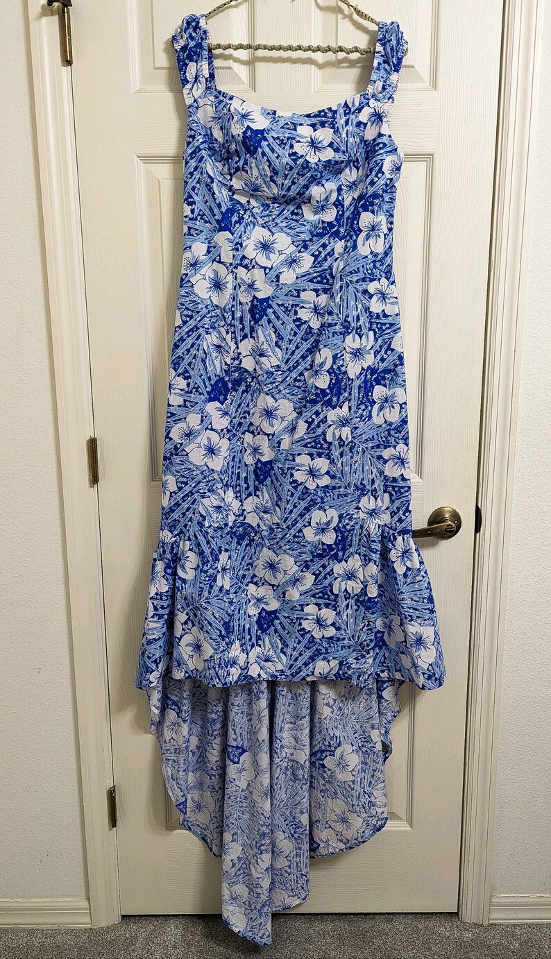 Blue and White Tropical Print Vintage Style Hawaiian Long Dress With ...
