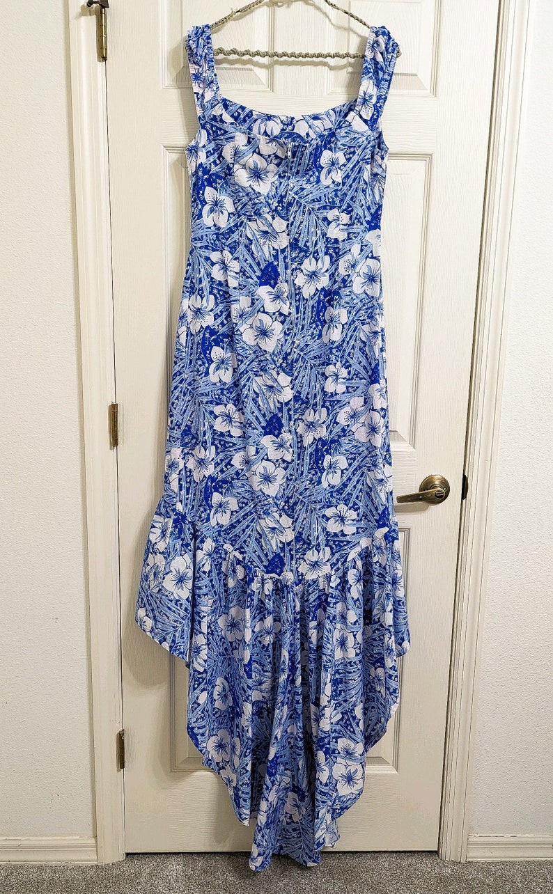 Blue and White Tropical Print Vintage Style Hawaiian Long Dress With ...