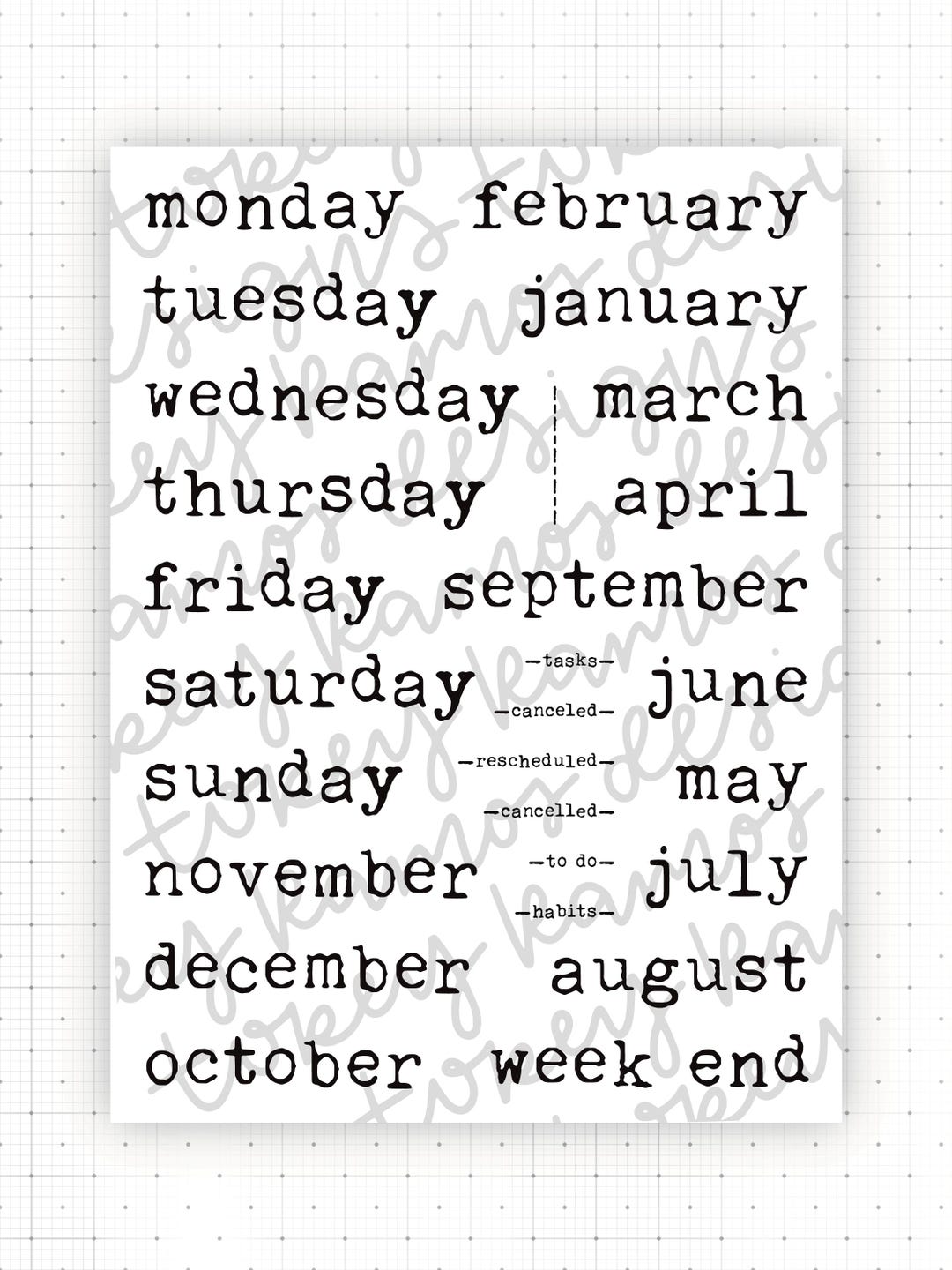 Months and Days 6x8 Stamp Set // Photopolymer Stamps | Alpha Stamps ...