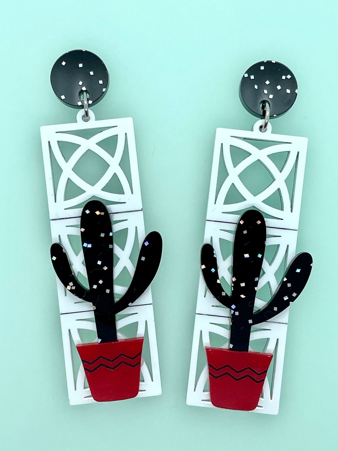 Black Cactus & Breeze Block Acrylic Earrings, Atomic Design Breeze ...