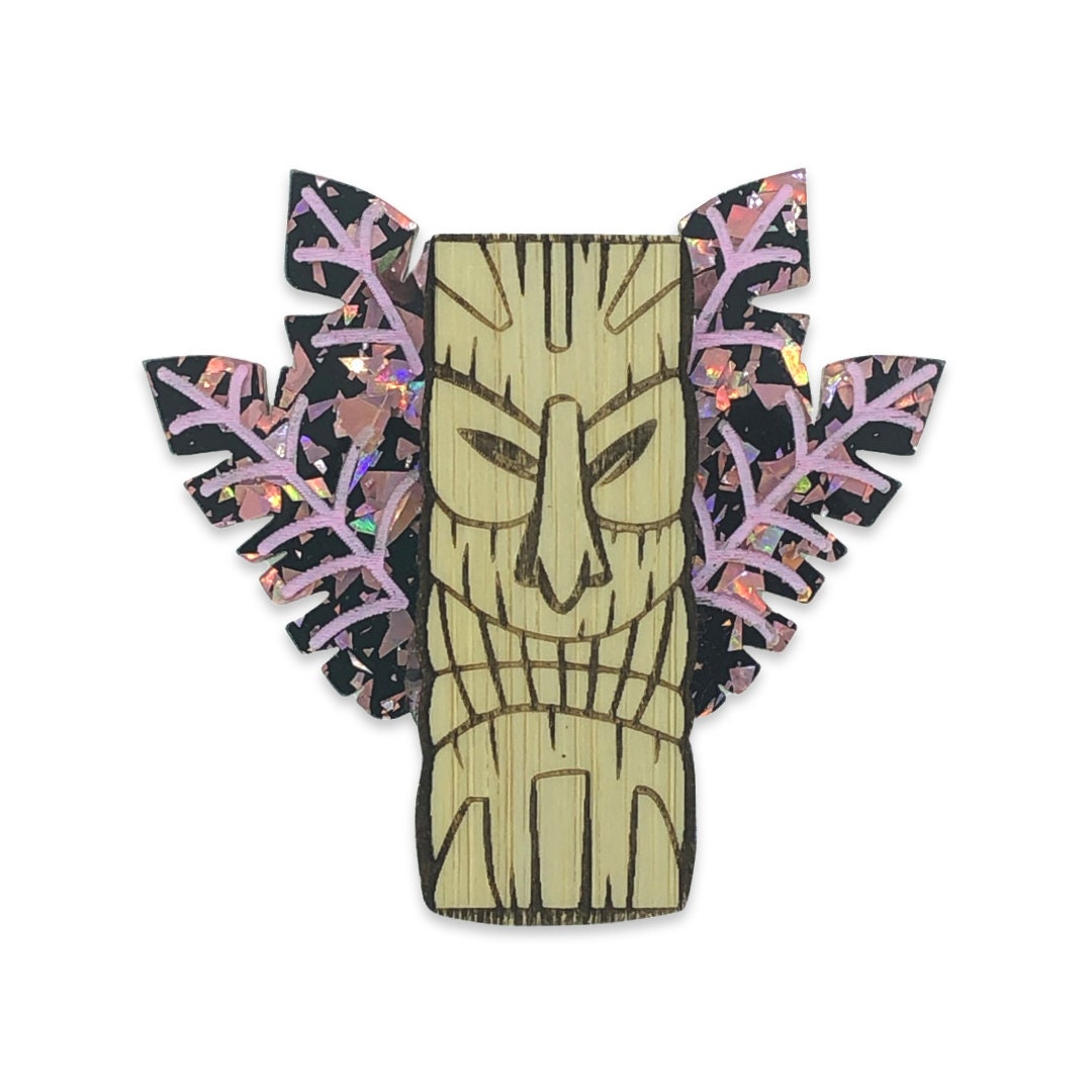 Tiki Brooch, Acrylic & Bamboo Tiki Brooch, Palm Leaf Tiki Pin, MCM Tiki ...