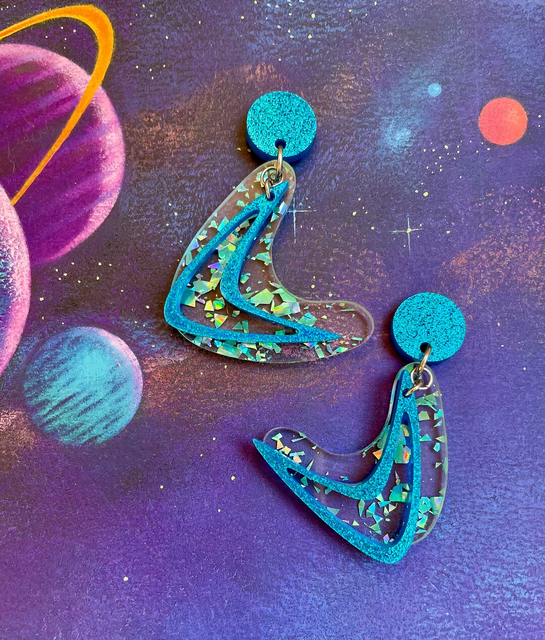 Atomic Space Age Boomerang Earrings. Blue Tinsel and Glitter Acrylic ...