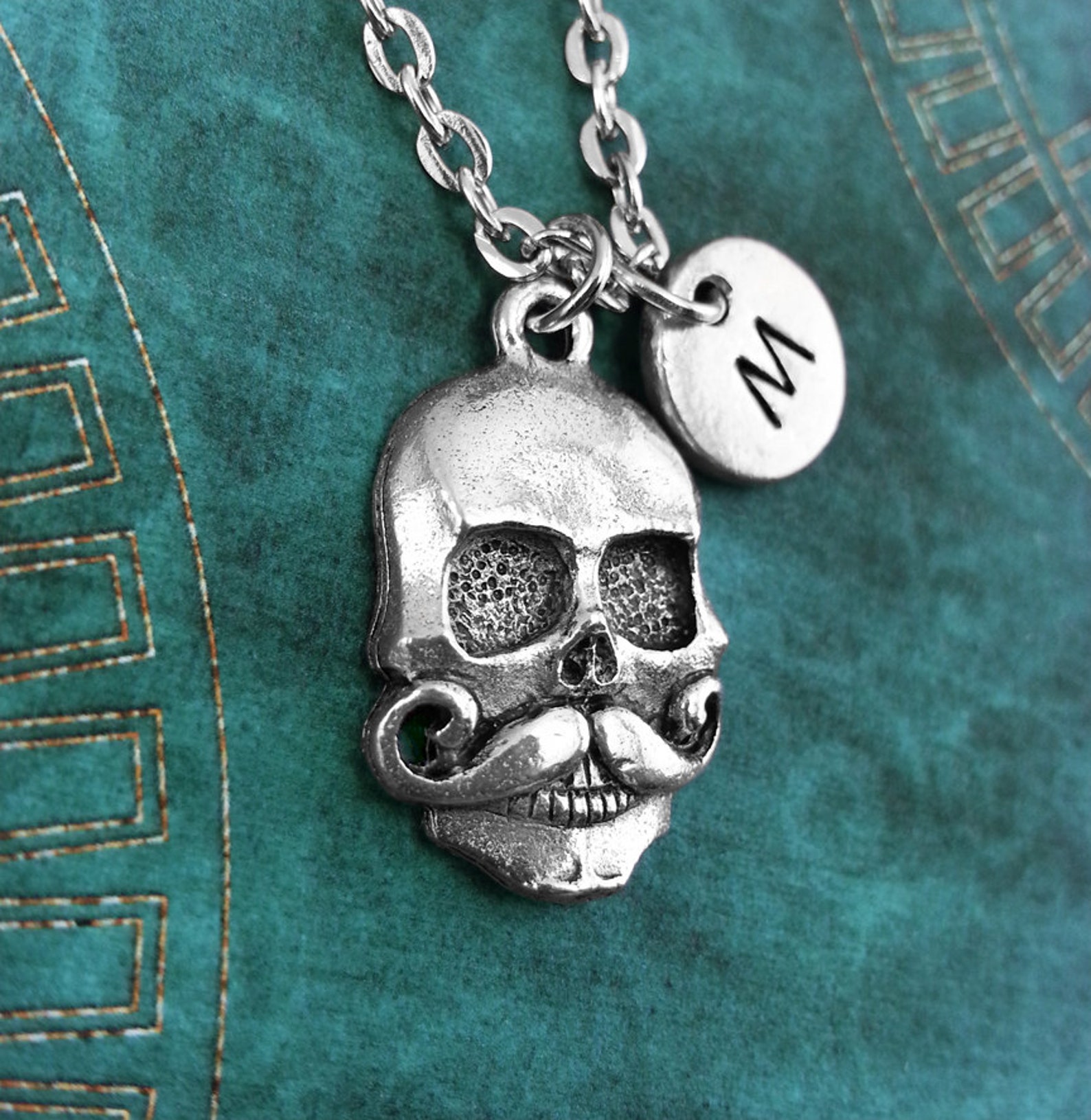 Personalized Mustache Skull Necklace, Skull Pendant, Mustache Necklace ...