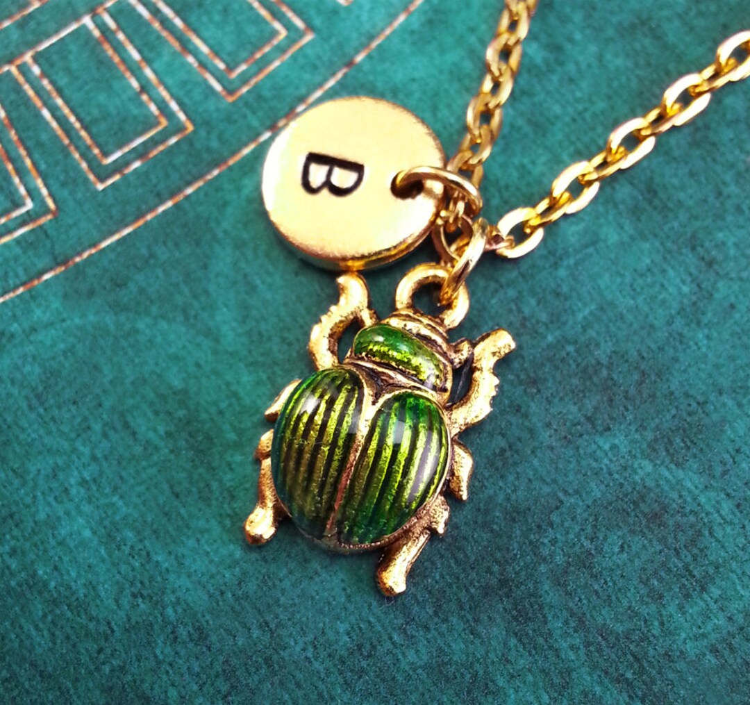 Green Beetle Necklace VERY SMALL Bug Necklace Custom Initial Necklace ...