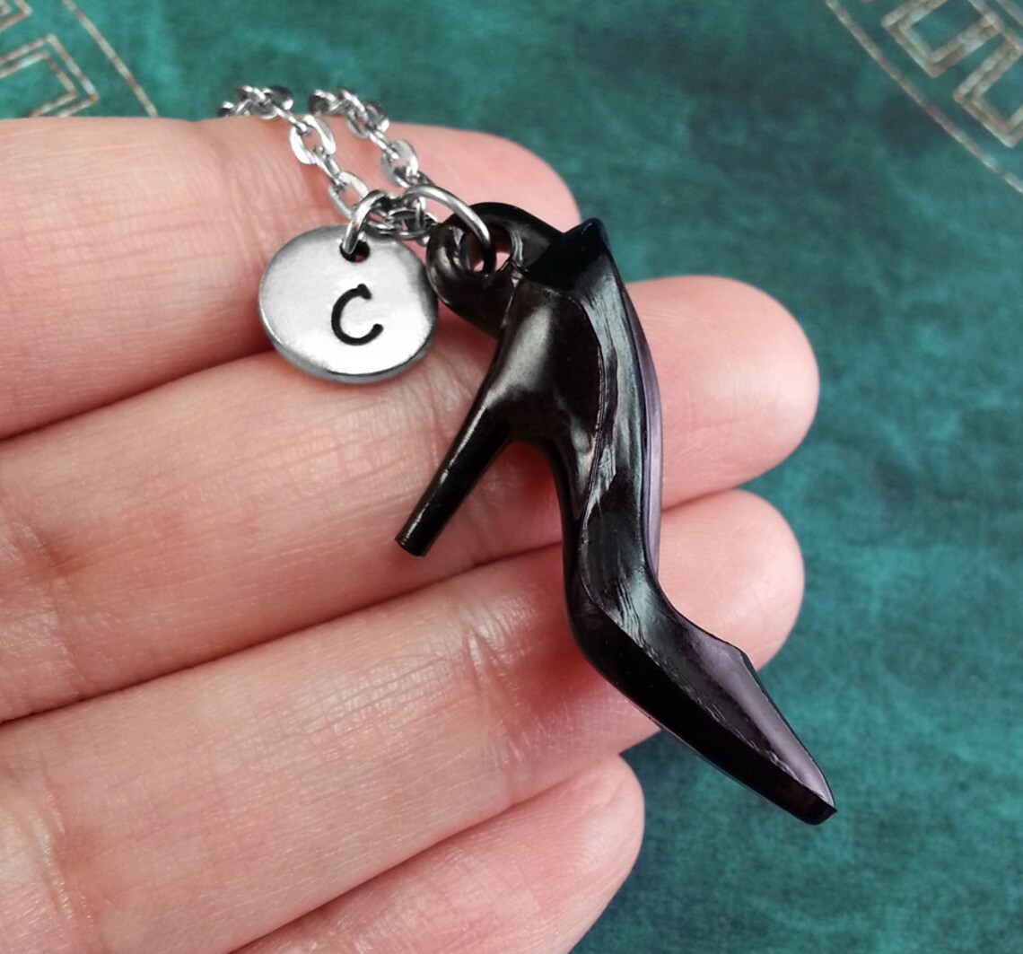 Dark Glass Slipper Necklace Initial Necklace Personalized - Etsy