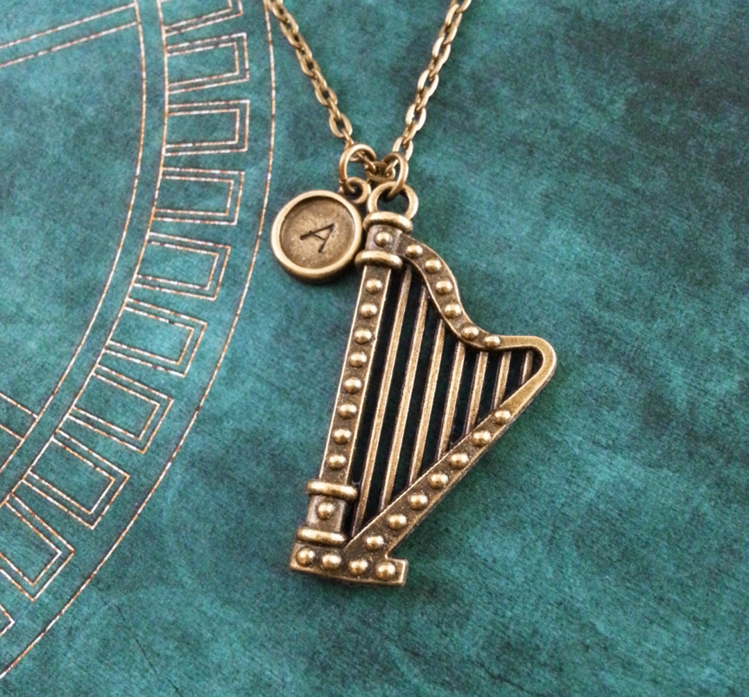 Harp Necklace, LARGE Brass Necklace, Personalized Necklace, Harp ...
