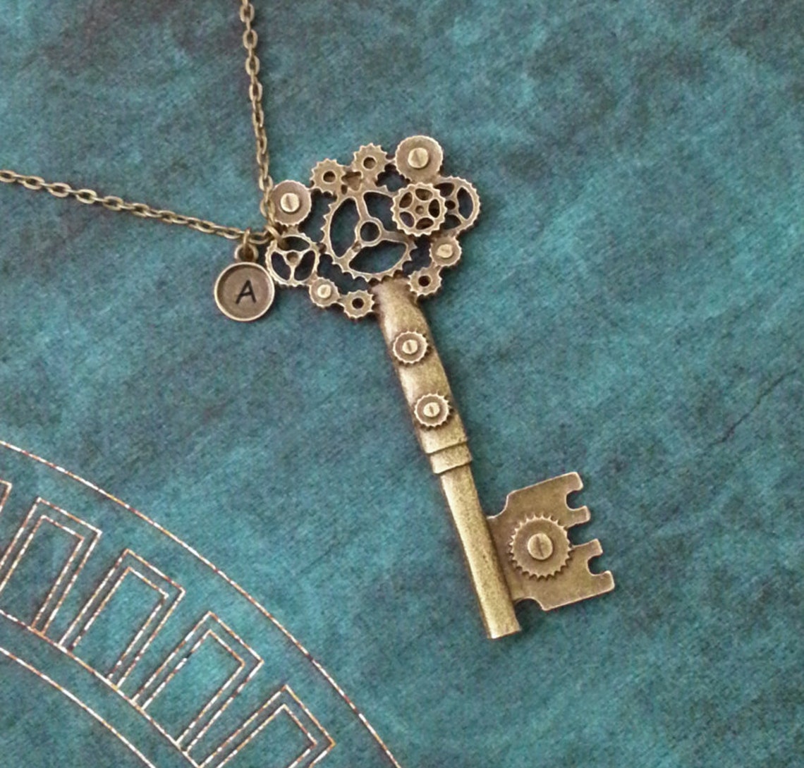 Key Necklace LARGE Bronze Key Jewelry Cogs and Gears Key Charm | Etsy