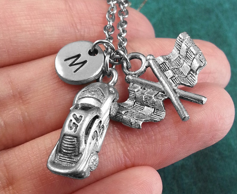 Race Car Necklace, Personalized Necklace, Race Flag Pendant, Custom ...