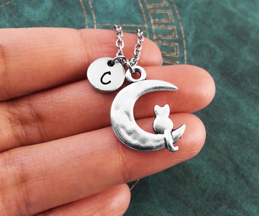 Cat in the Moon Necklace SMALL Cat Necklace Cat Moon Pendant Necklace ...