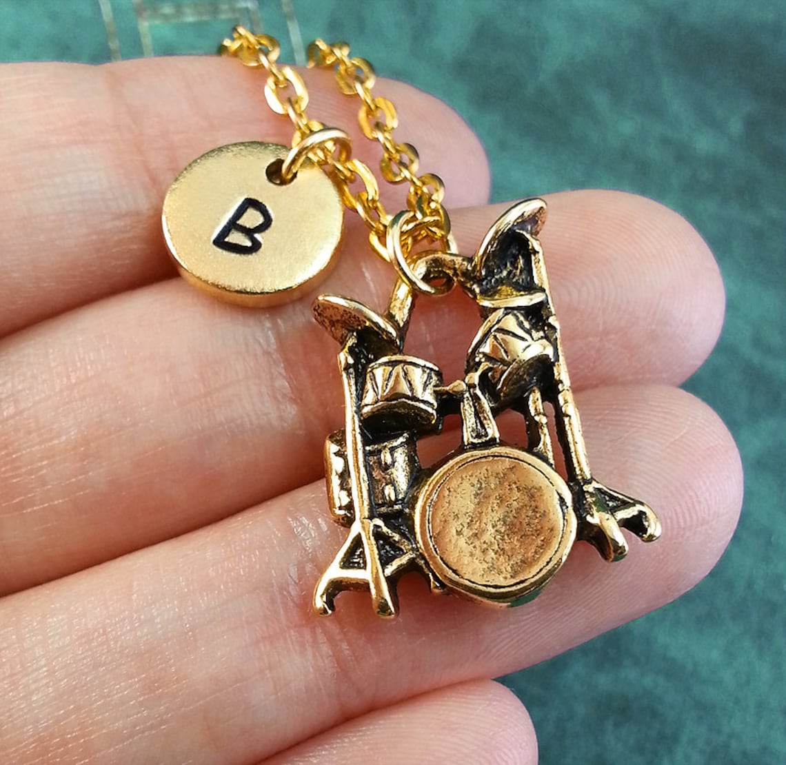 Drum Necklace, Gold Drum Set Charm, Drummer Keychain Hand Stamped ...