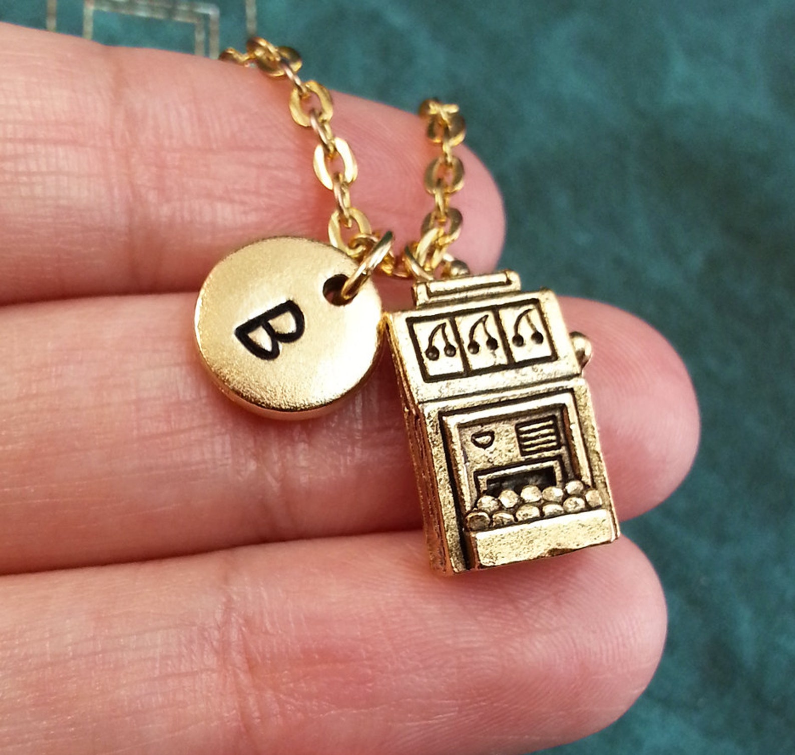 Slot Machine Necklace, Gold Gambling Charm, Personalized Necklace ...