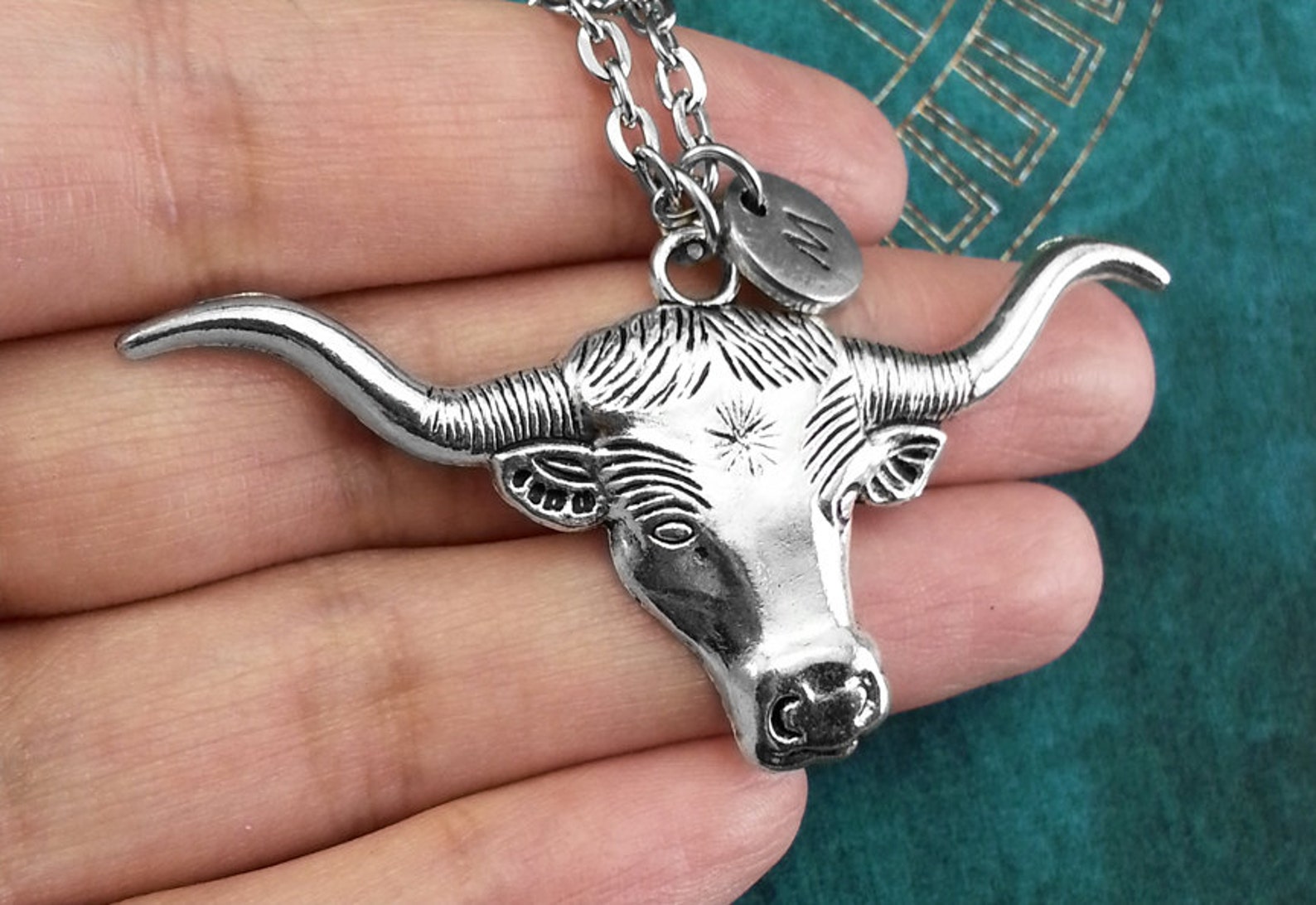 Bull Head Necklace, LARGE Personalized Necklace, Bull Head Pendant ...