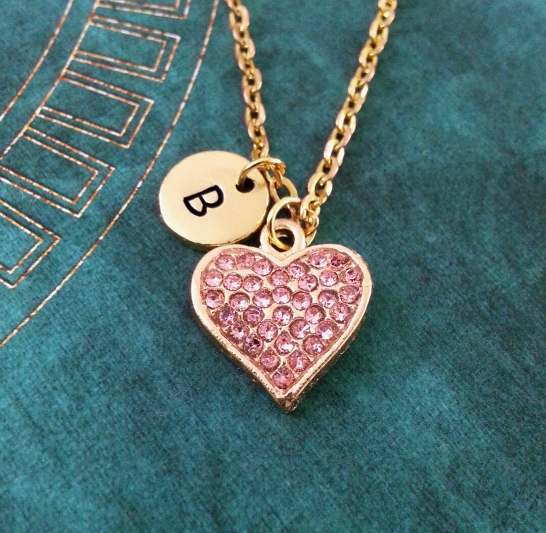 Pink Rhinestone Heart Necklace, Personalized Necklace, Custom Necklace ...