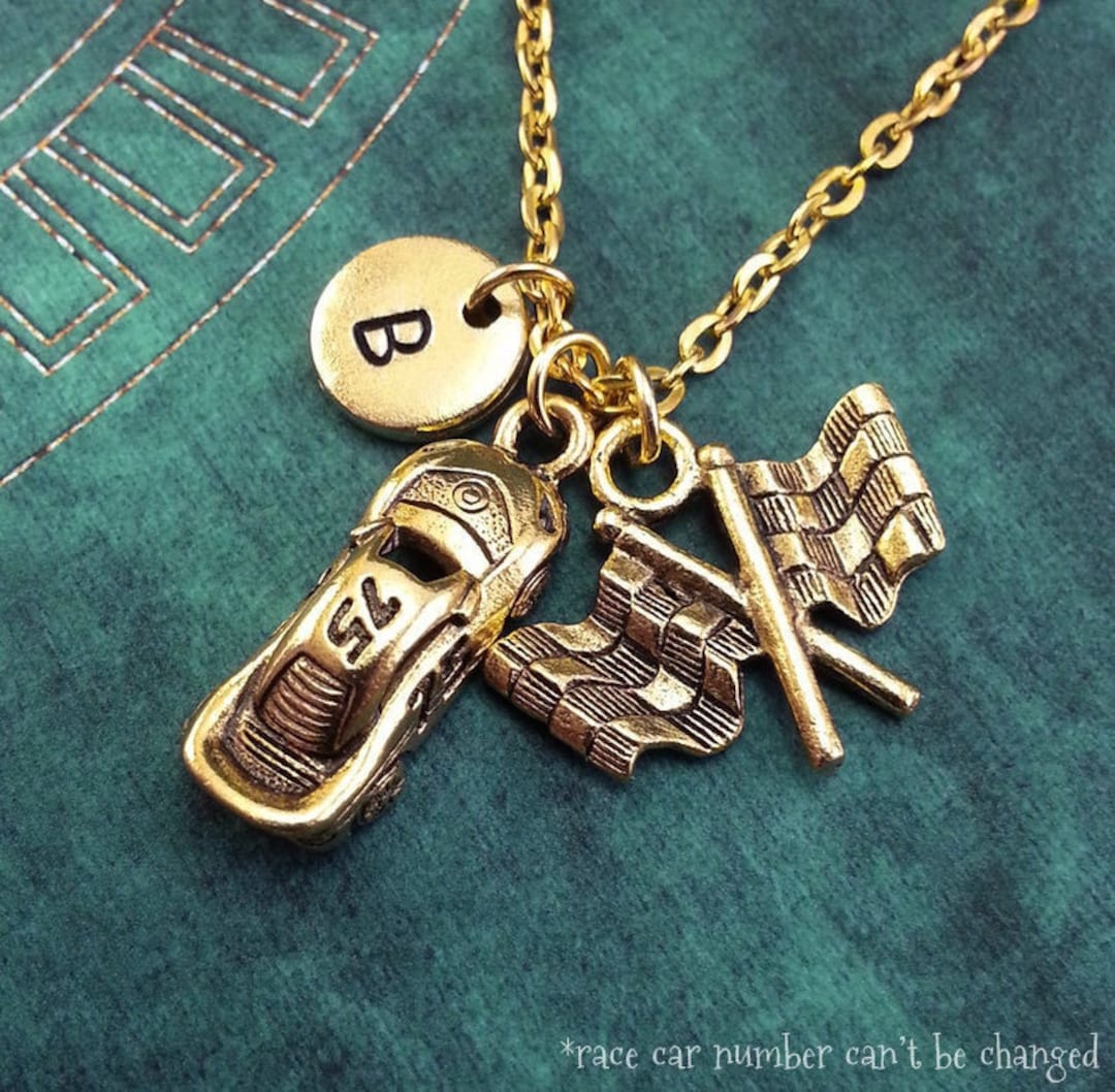 Race Car Flags Necklace Gold Race Car Charm Personalized Necklace ...