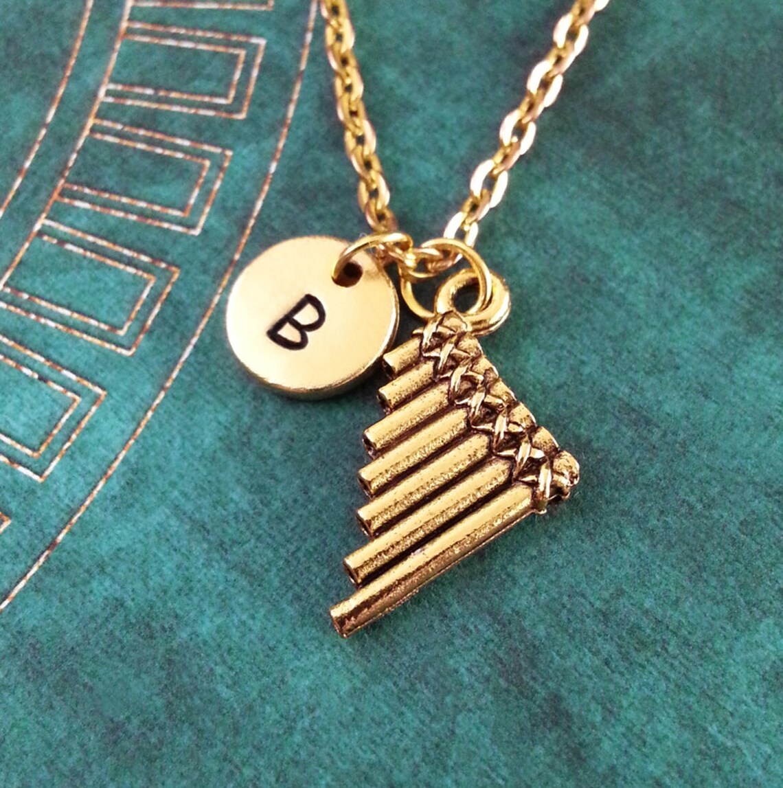 Gold Pan Flute Necklace Pan Flute Charm Hand Stamped Necklace Monogram ...