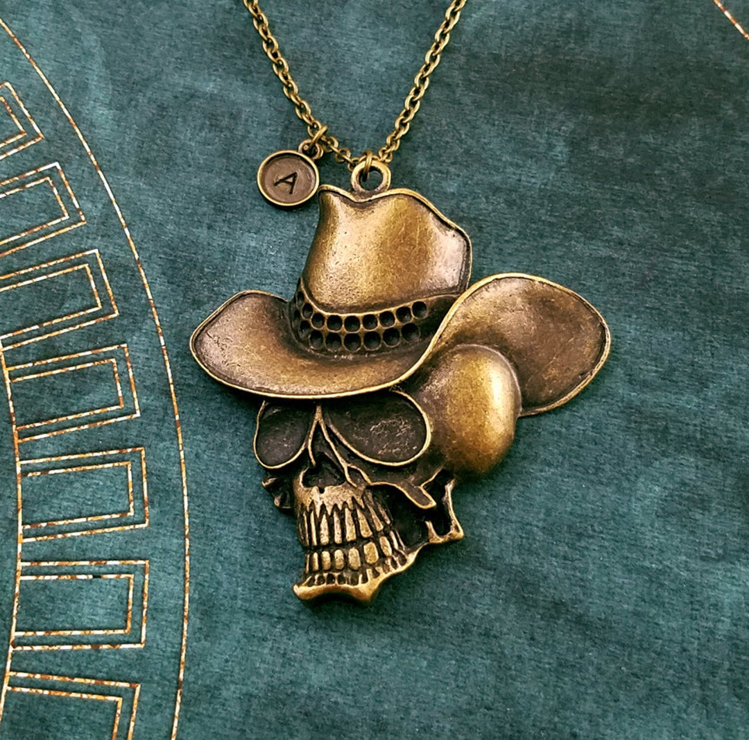 Skull Necklace LARGE Cowboy Skull Charm Necklace Skull Jewelry Cowboy ...