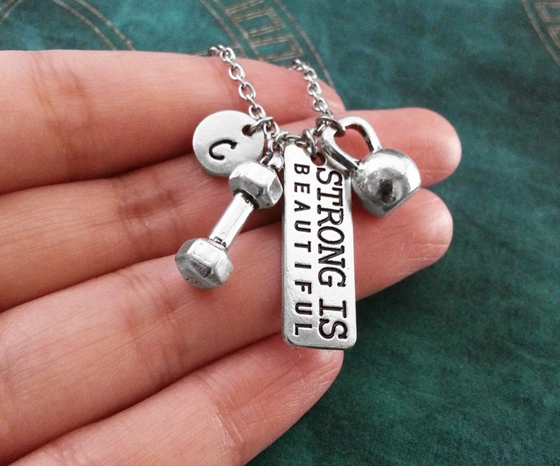 Strong is Beautiful Necklace Silver Kettlebell Necklace Dumbbell ...