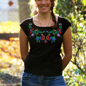 Embroidery Hungarian Folk Art Black T-shirt With Colorful Birds and ...