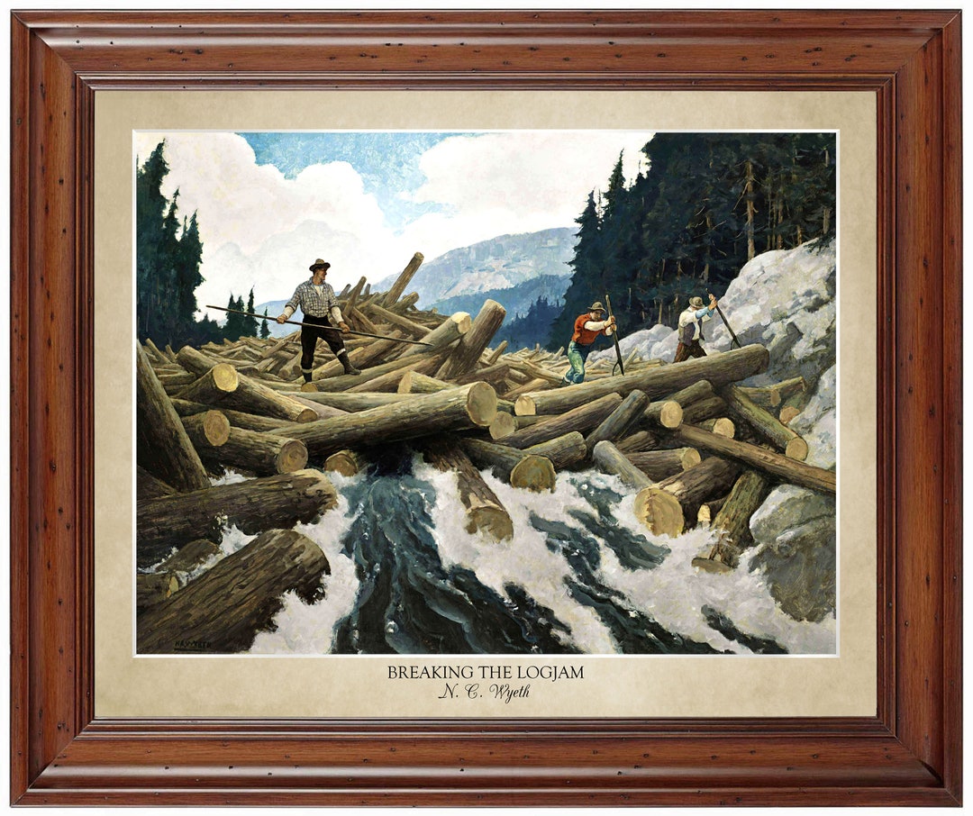Breaking the Logjam by N. C. Wyeth; 18x24" Print Showing the Artist's ...