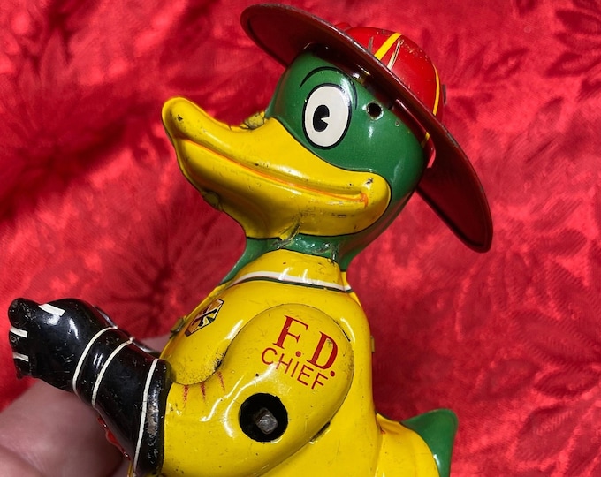 Vintage Line Mar Toys Collectable FD Fire Chief Duck Tin Letho Wind-up ...