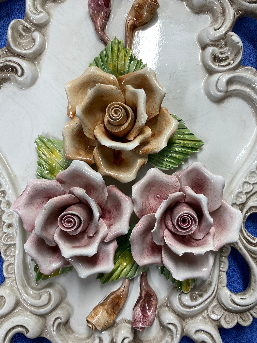 Vintage Capodimonte Italian Porcelain Raised Rose Wall Plaque Handmade ...