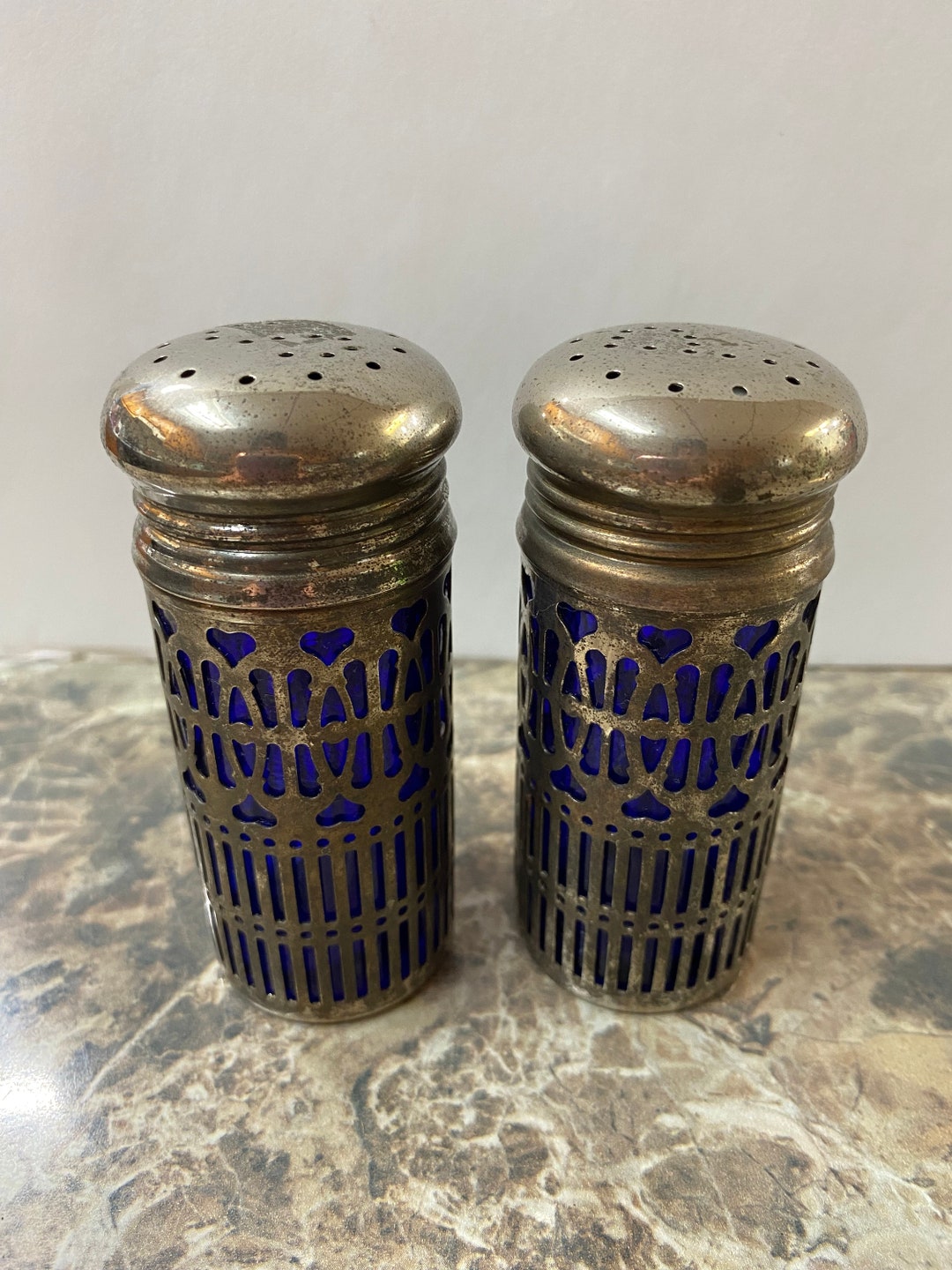 Vintage Cobalt Blue Shakers Decor Silver Filigree Salt and Pepper ...